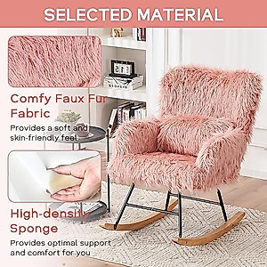 NIOIIKIT Nursery Rocking Chair, Faux Fur Upholstered Glider Rocker with Lumbar Pillow, High Backrest Rocking Accent Chair, Comfy Armchair for Living Room, Bedroom, Office (Pink)