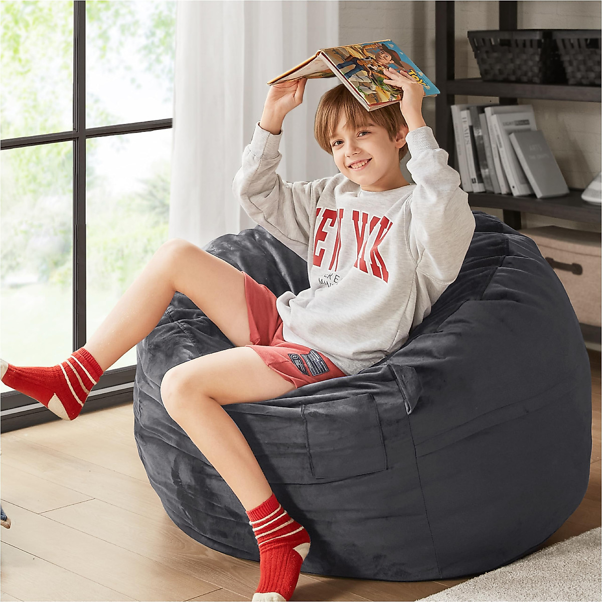 Codi Bean Bag Chair for Kids with Filler Included 10-12 | Comfy Kid Beanbag Chair 3 FT, Memory Foam Added | Machine Washable, Charcoal Grey, 3ft