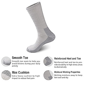 GKX Men's Merino Wool Moisture Wicking Themal Outdoor Hiking Work Boot Heavy Cushion Crew Socks(Grey)