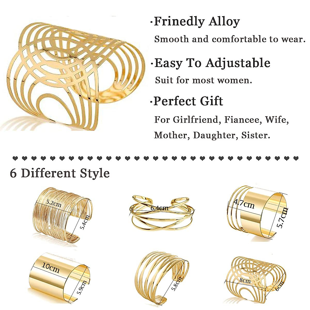 WAINIS 6 PCS Cuff Bangle Bracelet for Women Open Wide Wire Bracelets Gold Wrist Cuff Wrap Bracelet Gold Plated