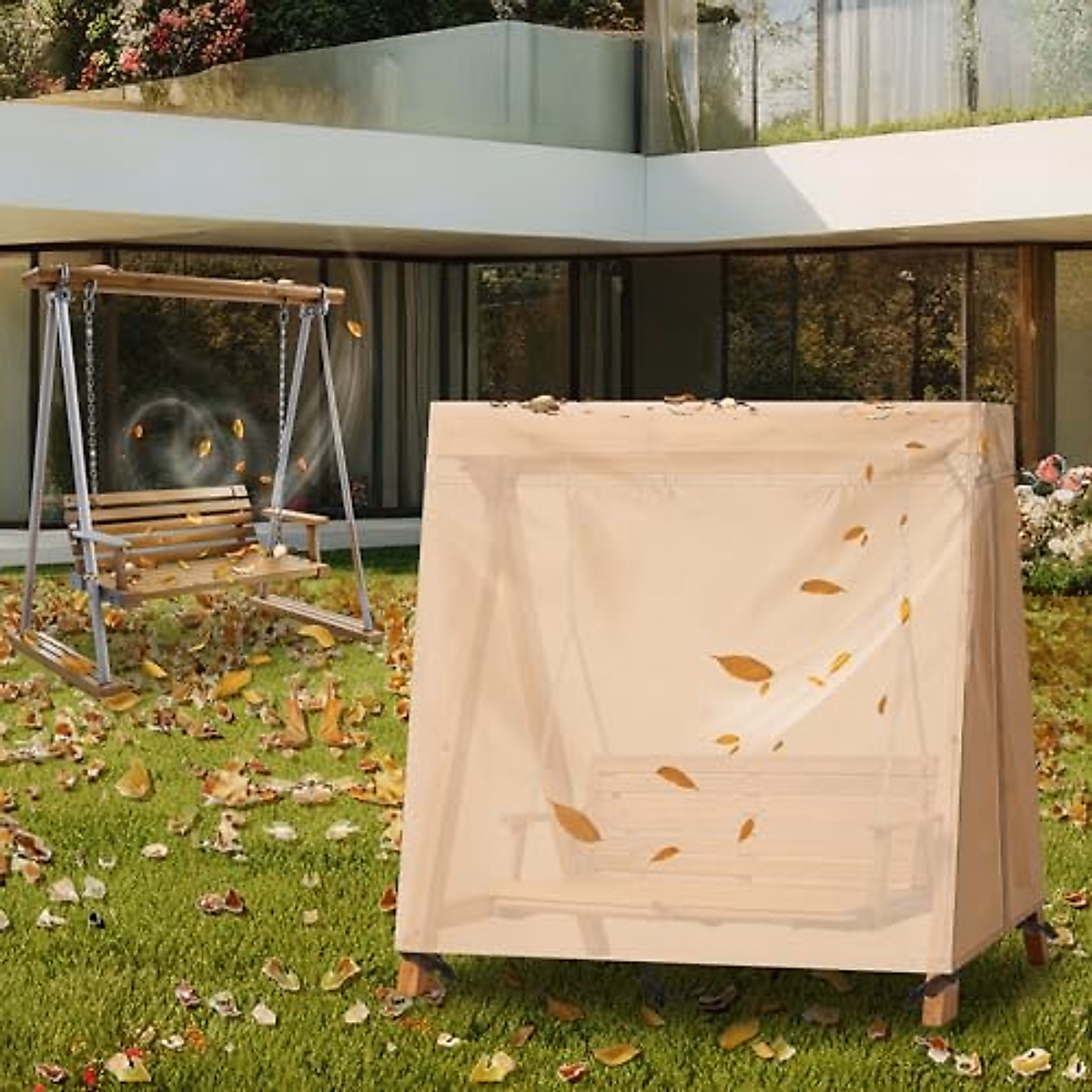 uHousDeco Outdoor Swing Covers for A Frame Patio Swing, 72" L x 55" D x 67" H, A-Frame Swing Cover Waterproof, Porch Patio Swing Canopy Cover, Windproof UV Resistant All Weather Protector - Beige