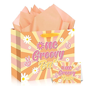 Groovy One Gift Bag Boho 1st Birthday Gift Bag for Girls with Card Tissue Paper, Daisy Flower Hippie First Birthday Wrapping Paper for Retro Birthday Baby Shower Party Gift Wrap Christmas Decorations Supplies