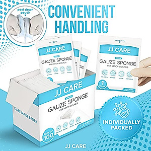 JJ CARE Sterile Gauze Pads 2" x 2" (Pack of 100), 12-Ply Cotton Gauze Pads, Individually-Wrapped Sterile Gauze Sponges, 100% Woven, Non-Stick Medical Gauze Pads for First Aid Kit & Wound Care