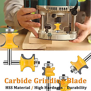 TAIWAIN 5PCS Router Bit Set Woodworking Cutter 1/4 Inch Shank, Half Round Bearing Bullnose Milling Cutter Bits, Carbide Tipped Round Edge Cutting Ball Blade Radius 1/8" 3/16" 1/4" 5/16" 3/8"