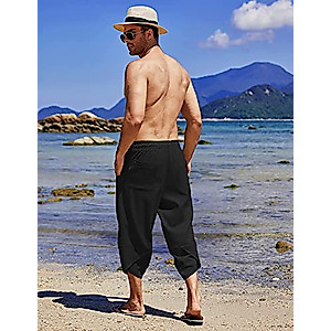 COOFANDY Men's Beach Pants Loose Casual Lightweight Elastic Waist Summer Linen Pants Black