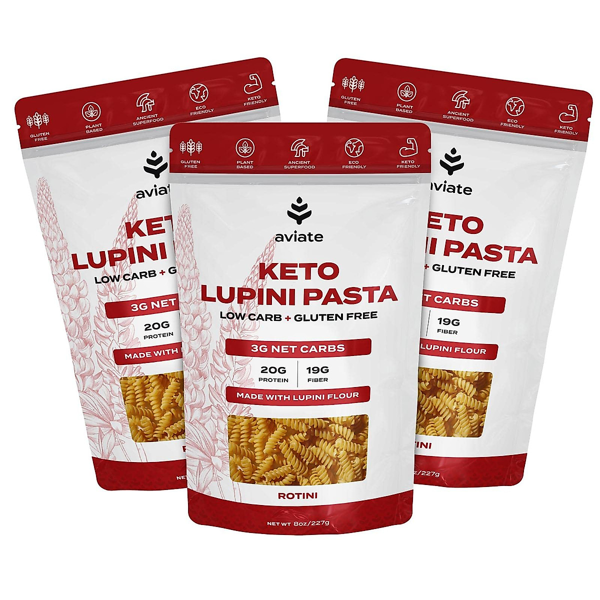Aviate Keto Pasta Rotini - Low Carb (3g Net) Lupini Noodles, High Protein (20g), Gluten-Free, Made with Lupin Flour, Plant Based Vegan, Keto-friendly, Low Carb - Rotini (8oz) (Pack of 3)