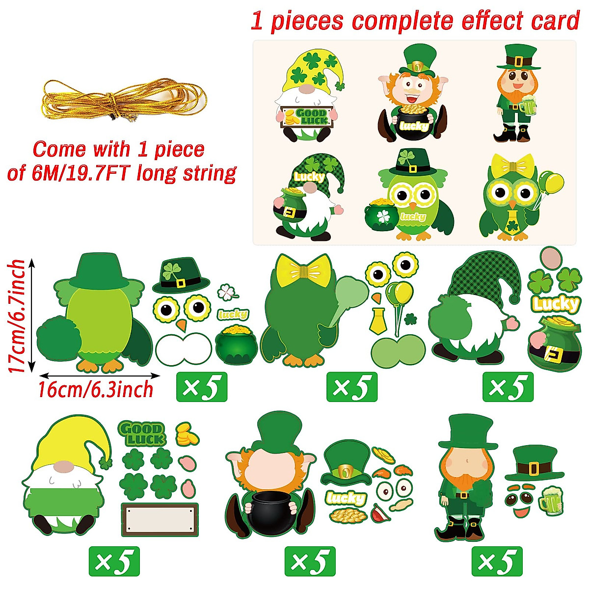 chiazllta 30 PCS St. Patricks Day Craft Kits for Kids DIY Leprechauns Shamrock Owl Gnome Sticker Craft Ornament St. Patricks Art Craft for Party Home Class School Game Activities