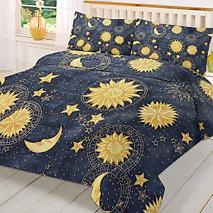 FarmBed Boho Yellow Sun Moon Flowers Stars 3-Piece Bedding Sets Luxury Soft Duvet Cover Queen,Microfiber Bet Comforter Protector with Pillow Shams for Women Men Teens,Bohemian Hippie Art