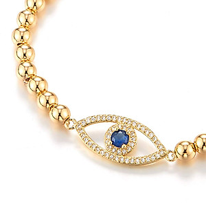 COOLSTEELANDBEYOND Gold Color Protection Evil Eye Beads Bracelet for Women with Blue and White Cubic Zirconia