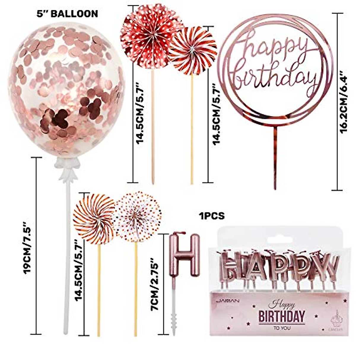 MOVINPE Rose Gold Cake Topper Decoration with Happy Birthday Candles Happy Birthday Banner Confetti Balloon Paper Fans For Rose Gold Theme Party Decor Girl Women Birthday Party
