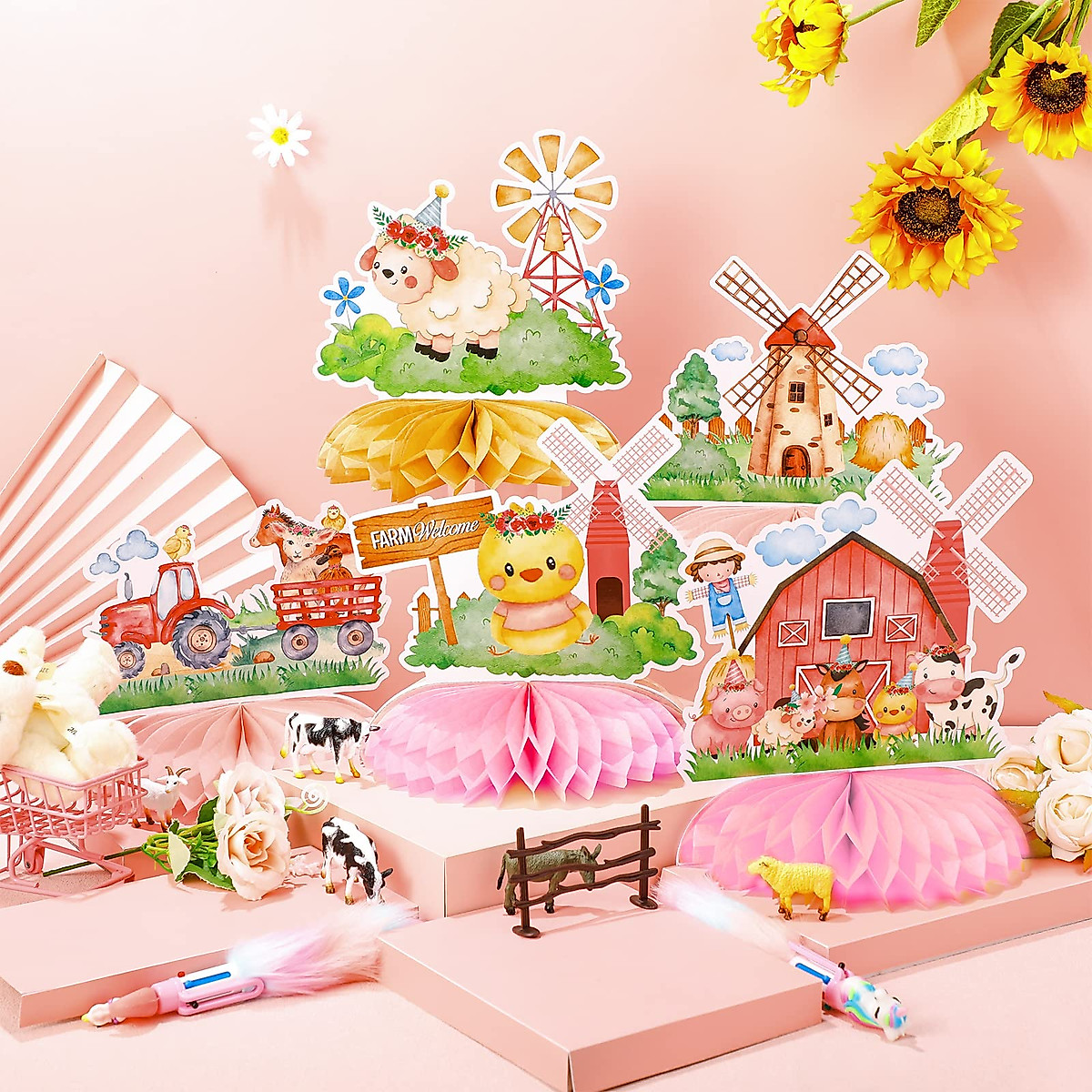Amylove 10 Pcs Pink Farm Animals Party Supplies Girl Pink Barnyard Birthday Party Decorations Farm Animal Honeycomb Centerpiece for Table Birthday Baby Shower Party Decorations