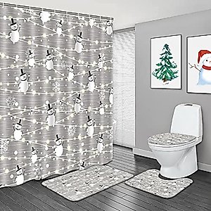 Alishomtll 4 Pcs Merry Christmas Shower Curtain Sets with Non-Slip Rugs, Toilet Lid Cover and Bath Mat, Xmas Snowman Shower Curtains with 12 Hooks, Snowflake Shower Curtains for Bathroom Decoration