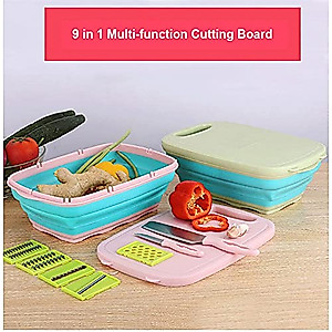 MMOOCO Chopping Board, 9 in 1 Multi-Function Cutting Boards Kitchen Tools Set Chopping Board Folding Drain Basket Sink Cutting Boards Kit (Color : Green)