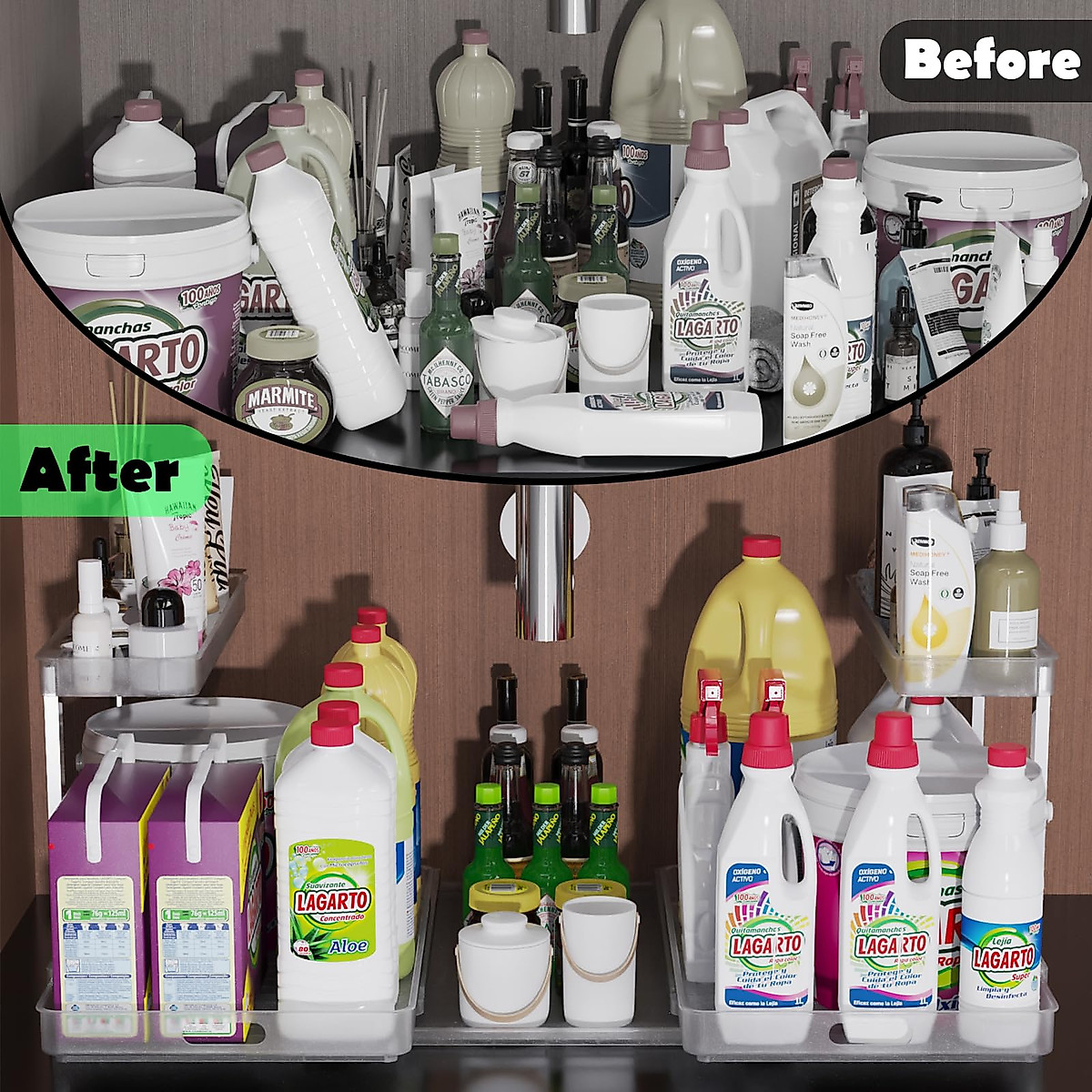 HzTinT 2 Pack Under Sink Organizer with Under Sink Tray, 2 Tier Sliding Bathroom Organizer Under Sink, L-Shape Under Cabinet Basket Organizer, Multi-purpose Pull Out Under Sink Drawers(Clear White)