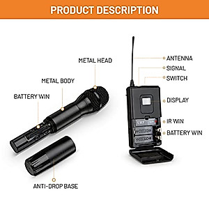 Hiberr Church Wireless Microphone, 2channel UHF Wireless Mic 300ft Range, 2x60 Adjustable Frequencies, Good Pickup, Suitable for Church, Karaoke, Meeting(YU-A20RH)