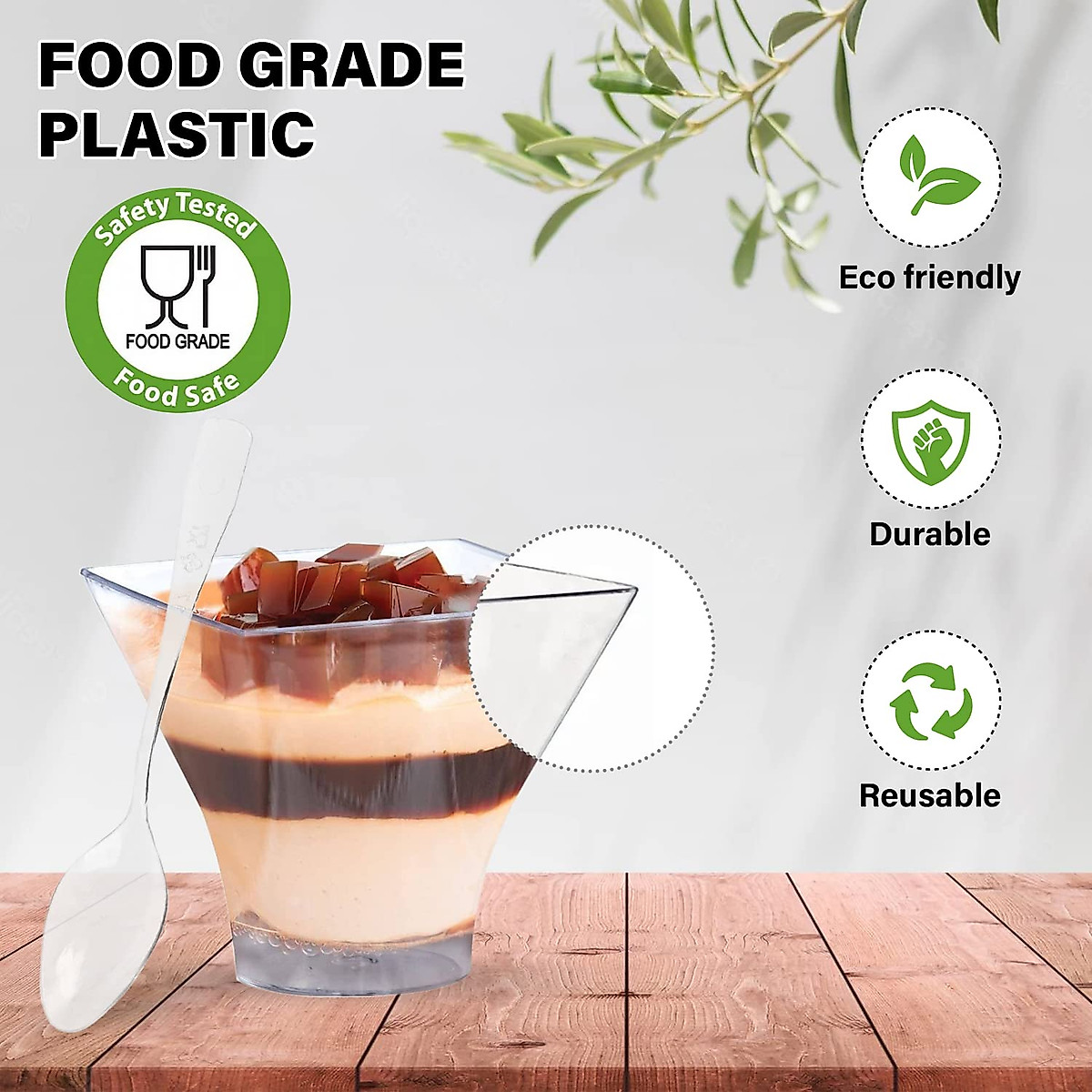 60 pack dessert cups of 3 oz, 2.5 oz and 2 oz. 3 varieties in size and shape also 20 of each shape perfect for appetizer, dessert and serving parties, plus FREE 60 spoons