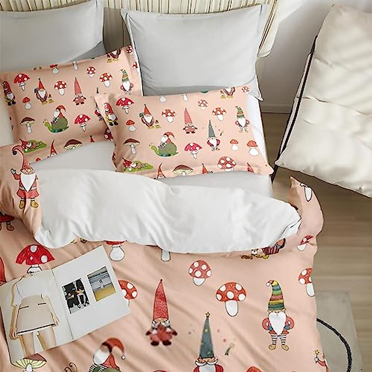 Duvet Cover Full Size, Gnome Funny Happy Red Bedding Set with Zipper Closure for Kids and Adults, Colorful Mushroom Elf Comforter Cover with 2 Pillow Shams for Bedroom Bed Decor