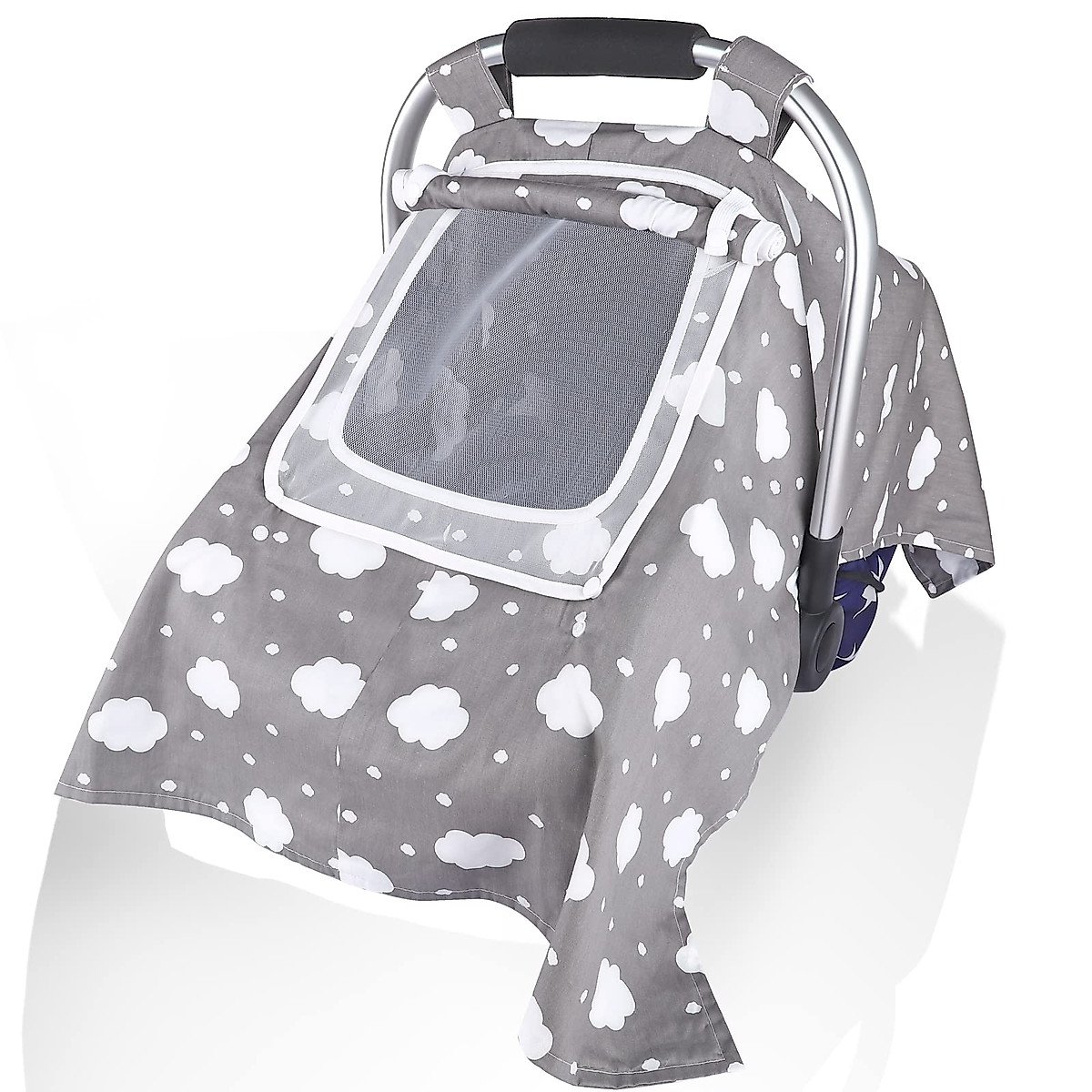 SJEhome Car seat Covers for Babies boy Girl,Light Weight Muslin,Carseat Canopy for Newborn Infant Carrier,2 Layers Windows of Mesh/Fabric,Fit All Baby Car Seat,Grey/Cloud