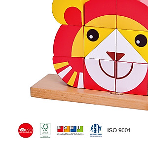 Wooden Stacking,Wood Stacker Blocks, Sorting Toy,Classic World Stacker for Baby Toddler Early Learning Education（Lion Uni Blocks，RED）