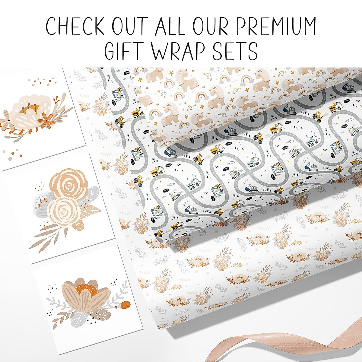 Brave November Gift Wrapping Paper- 3 Wrapping Paper Sheets (25"x35"), 3 Cards & Ribbon-Floral Wrapping Paper Wedding Wrapping Paper and Ribbon Set- Bridal Shower Wrapping Paper & Baby Wrapping Paper