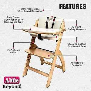 Abiie Beyond Junior Convertible Wooden High Chairs for Babies & Toddlers. 3-in-1 Adjustable High Chair with Removable Tray, Easy to Clean, Portable. 6 Mos. up to 250 Lb. Natural Wood/Dove Grey Cushion