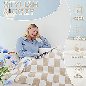 QQP Checkered Throw Blanket,Soft Cozy Microfiber Reversible Checkerboard Fluffy Throw Blanket,50X60In Blanket for Home Bed Couch.（Camel&White）