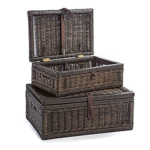 The Basket Lady Covered Wicker Storage Basket, Large, 20 in L x 14 in W x 8 in H, Antique Walnut Brown