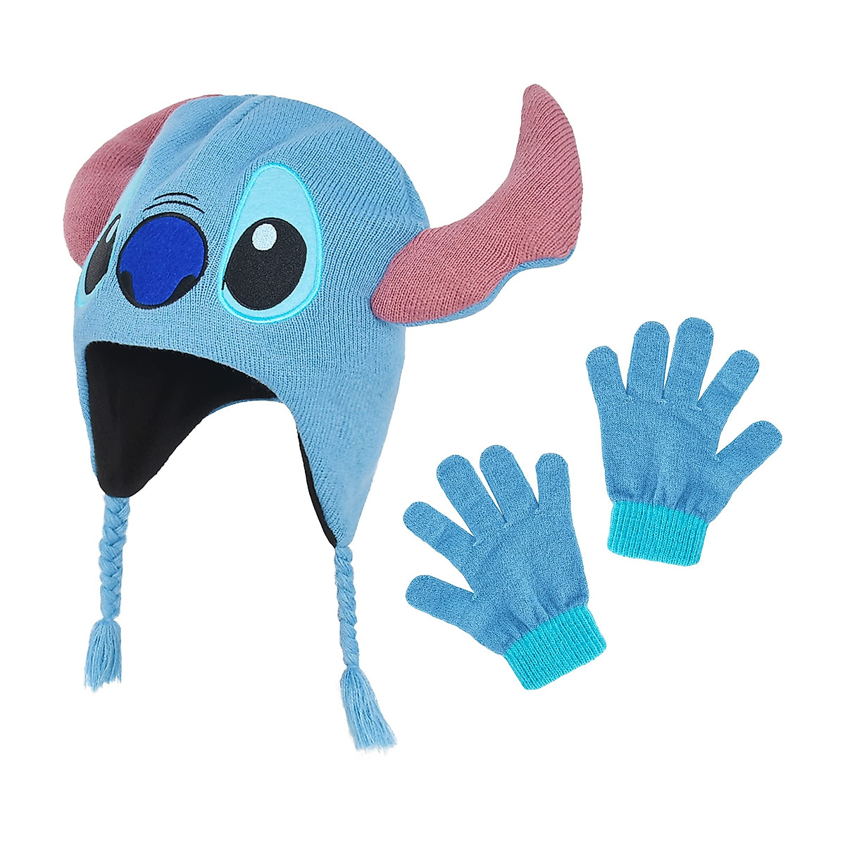Disney Lilo and Stitch Kids Peruvian Beanie Cap and Glove Set, Winter Hat with Tassels, Blue, One Size