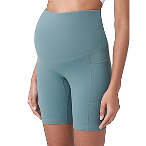 POSHDIVAH Women's Maternity Yoga Shorts Over The Belly Bump Workout Active Short Pants Light Green 8" Large