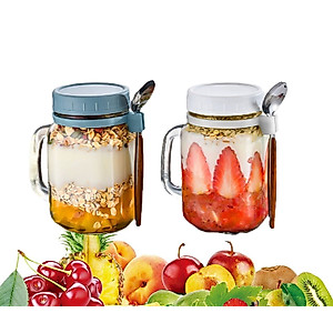 Overnight Oat Containers with Lids and Spoon and Handle, 2 Pack, Large Glass Overnight Oats Jars Reusable Airtight 16 oz Mason Jars for Cereal Yogurt