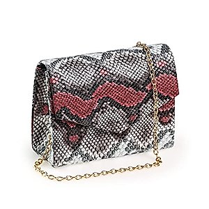 WJCD Snake Print Leather Clutch Purse with Crossbody Chain Strap (Red)