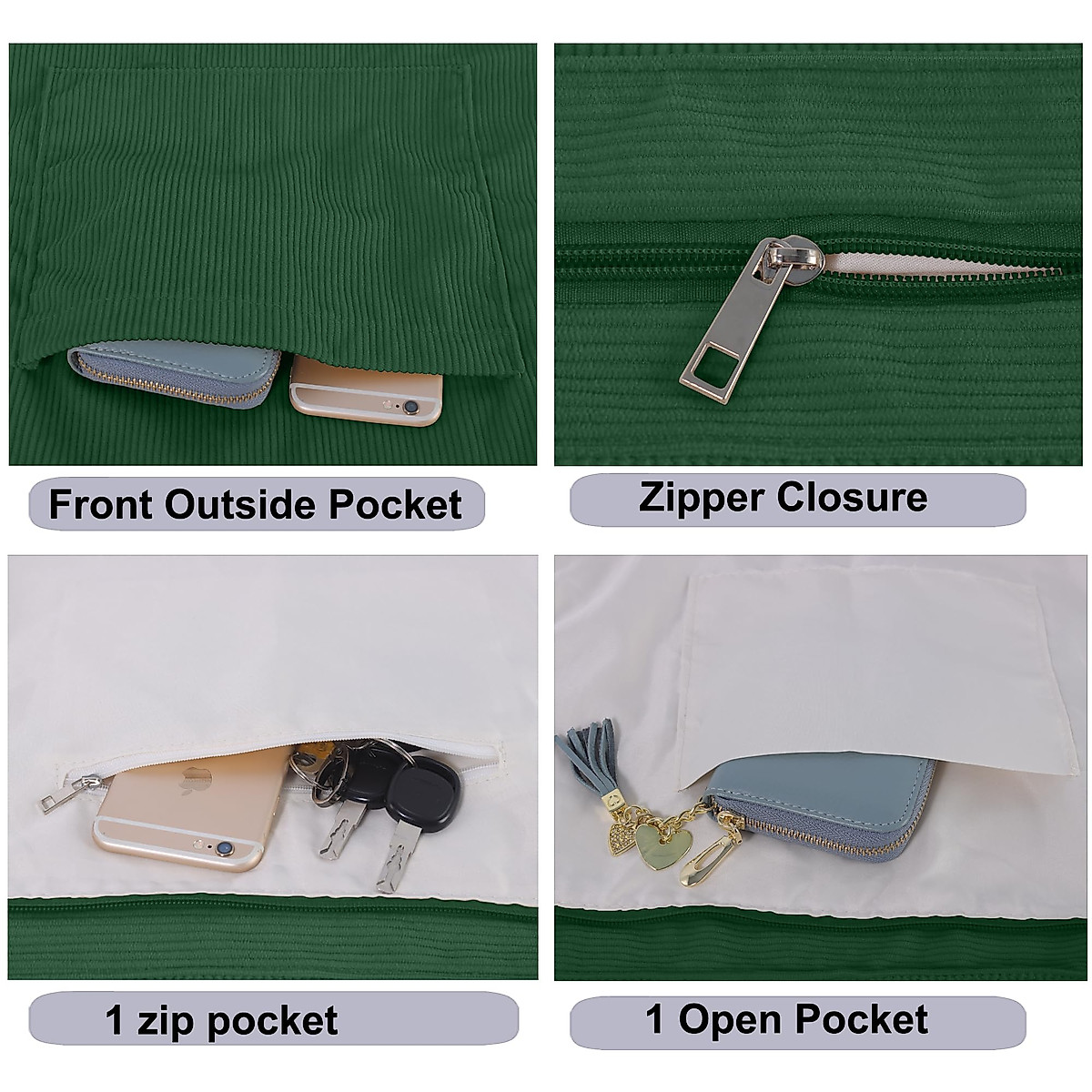 Corduroy Tote Bags for Women with Zipper and Front Pocket Shoulder Handbags Casual Canvas Purse, Green