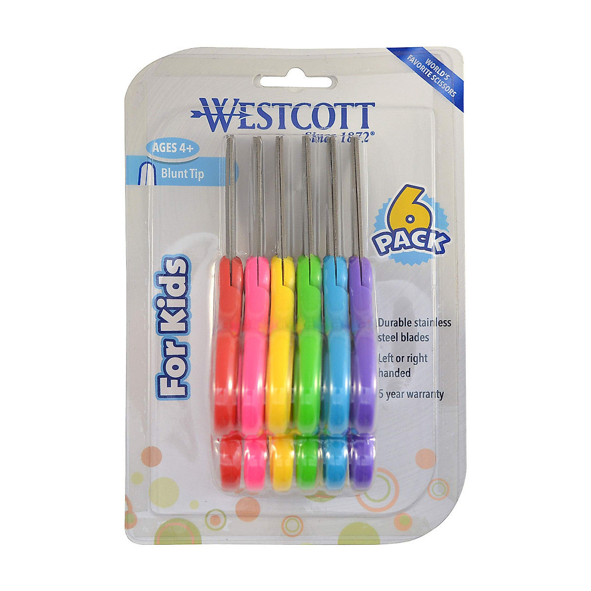 Westcott 16454 Right- and Left-Handed Scissors, Kids' Scissors, Ages 4-8, 5-Inch Blunt Tip, Assorted, 6 Pack