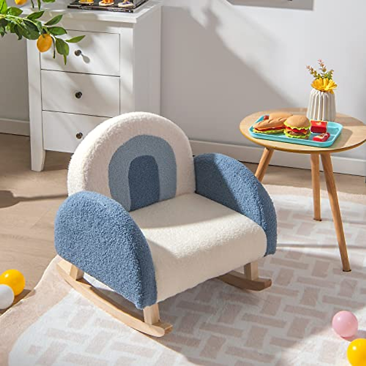 HOMGX Kids Rocking Chair, Toddler Couch with Solid Wood Base & Non-Slip Pads, Kids Rocking Sofa with Plush Fabric, Cute Children Rocker Armchair in Playroom, Nursery, Bedroom