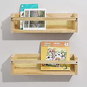 Petrala Boho Rattan Floating Shelves Set of 2, Natural Wood Wall Mounted Shelves for Wall Decor Bedroom Living Room Bathroom Office