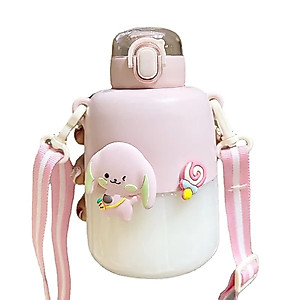 JZSMY 700ml Kawaii Straw Water Bottle, Cute Water Bottles with 3D Stickers, Milk Juice Cute Water Bottle Plastic Water Bottles with Portable Rope For Outdoor Travel (Pink)