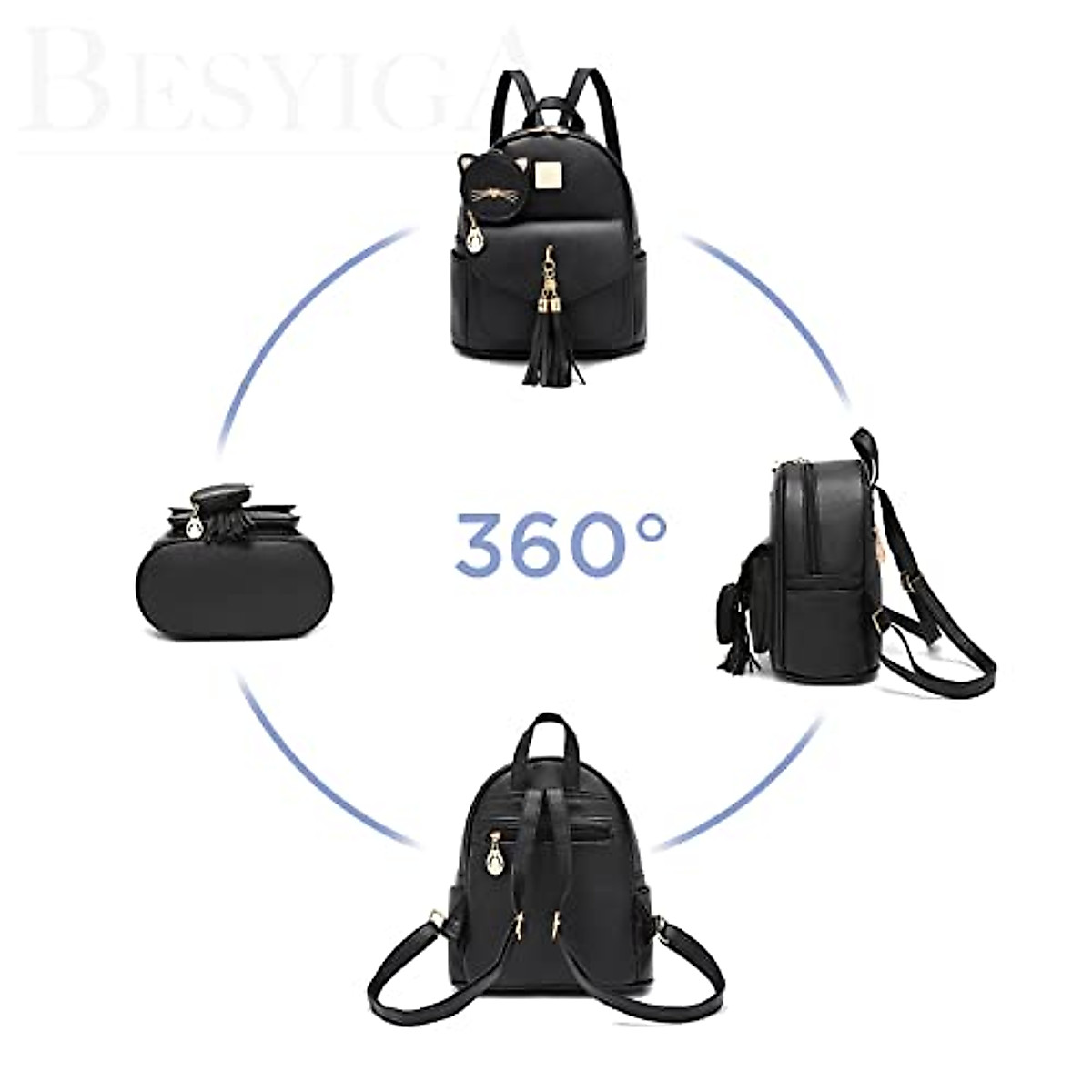 BESYIGA Girls Small Kitty Backpack 3 PCS Leather Backpack Purse for Women Travel Bag Kids Backpack Mini Backpack for Girls