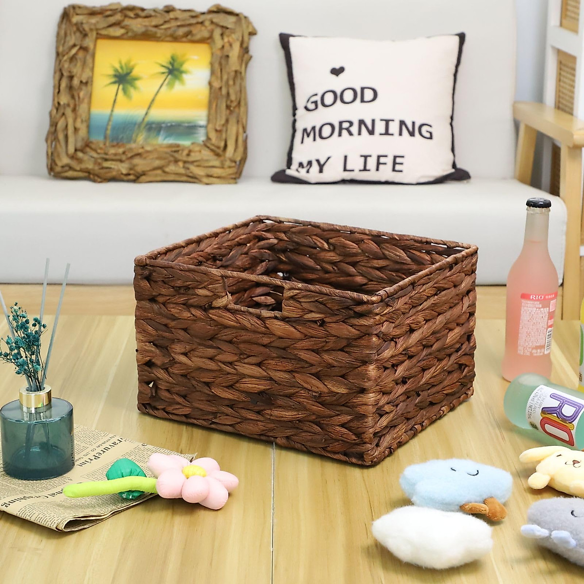 JJSQ Water Hyacinth Woven Basket for Storage Wicker Baskets for Organizing Shelves, Pantry, Small Rectangle Organizer Basket Decorative Basket, 1-Pack,11.4" x 9.8" x 6.9"