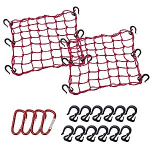 Thewinio Cargo Net 15"x15" Stretches to 30"x30" with Thicken Hooks | Natural Latex Core, Tight 2”x2” Mesh Small Heavy Duty Bungee Net for Motorcycle Helmet, Bike, ATV, UTV, Luggage (Red, 2 Pack)