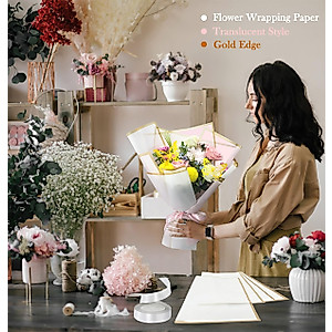 Unarty 20 Sheets White Flower Wrapping Paper with Ribbon, 24Pcs Gold Butterfly Decorations, 50Pcs Flower Pins, Waterproof Bouquet Wrapping Paper with Gold Edge, White Flower Paper Wrap