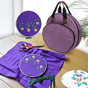 Coloch Embroidery Project Bag with Handle, Purple Stitch Storage Bag Portable Sewing Supplies Carrying Bag for Crafts, Embroidery Hoops, Charts and Threads