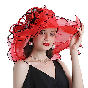 Go Mai Women Hats Organza Butterfly Decoration Wide Brim Occasion Event Kentucky Derby Church Dress Sun Hat Red