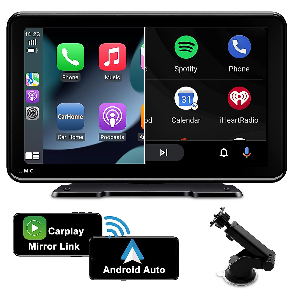 Portable Car Stereo for Apple Carplay, Android Auto, Air Play, Mirror Link, Wireless Car Play Screen with Bluetooth Handsfree, 7 Inch IPS Touchscreen, GPS Car Navigation, Siri/Google, FM/AUX/USB/TF