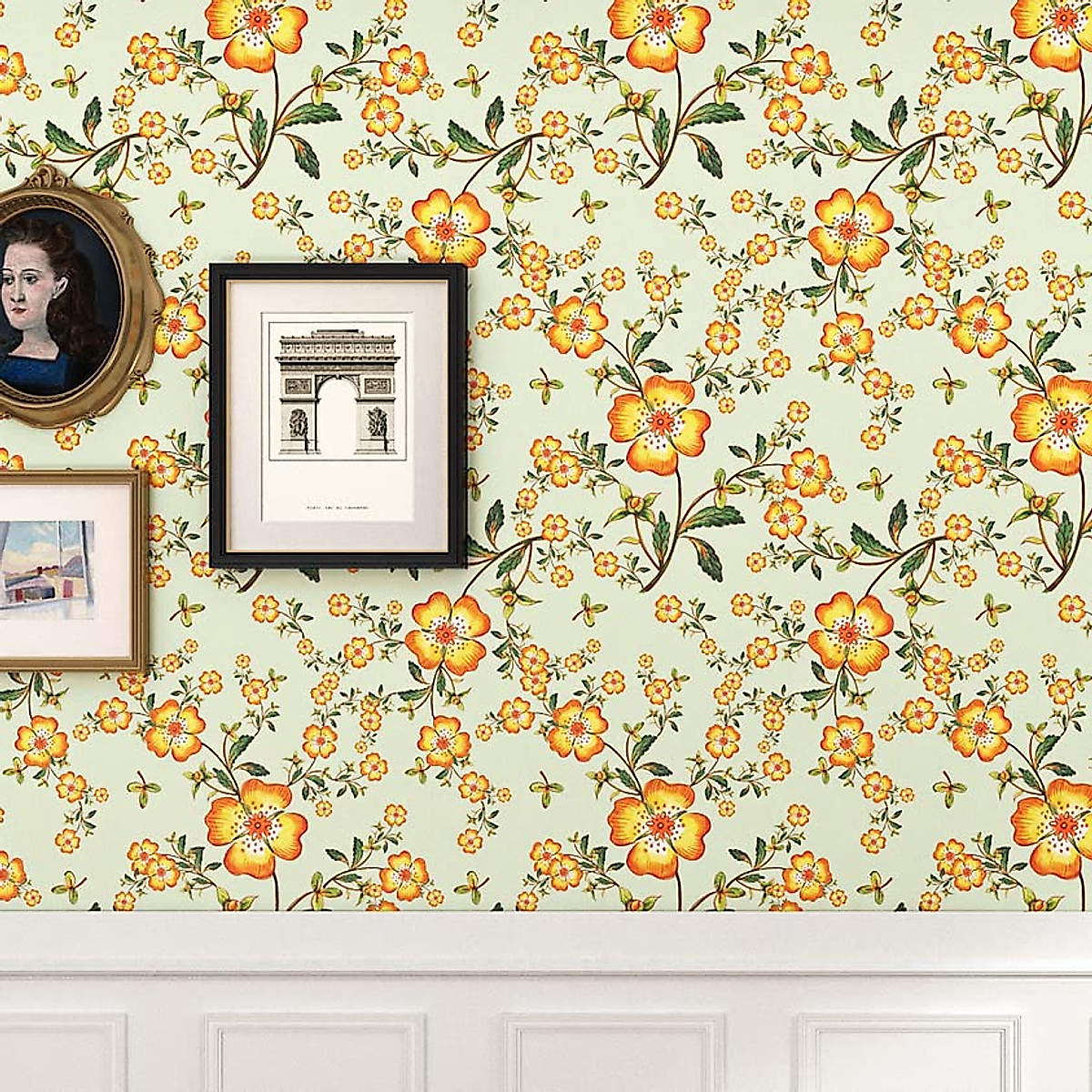 HotDecor 24"x118"Yellow Floral Wallpaper Peel and Stick Floral Contact Paper for Cabinets Walls Flower Wallpaper for Bedroom Bathroom Wall Paper Removable Botanical Wallpaper Mural Vinyl Roll