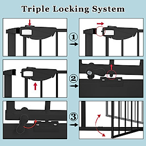 WAOWAO Triple Lock Baby Gate Extra Wide 57.87-62.59" Pressure Mounted Walk Through Swing Auto Close Safety Black Metal Dog Pet Puppy Cat for Stairs,Doorways,Kitchen