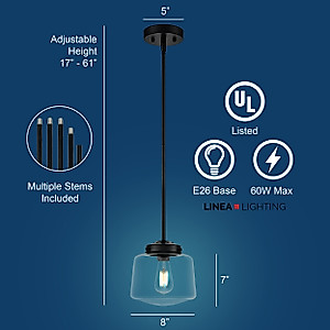 Linea di Liara Scolare Black Pendant Light Fixture Modern Farmhouse Pendant Lighting for Kitchen Island Schoolhouse Vintage Pendant Lamp Kitchen Pendant Light with Clear Glass Shade, Bulb Included