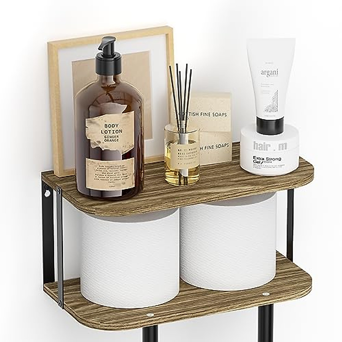 HomeDePal Towel Racks for Bathroom with 2-Tier Wood Shelf, Bathroom Shelves Wall Mounted with Bath Towel Storage, Towel Holder for Bathroom Wall, Floating Shelves Over Toilet, Bathroom Wall Organizer