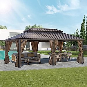 DHPM 12 * 20 FT Hardtop Gazebo with Steel Outdoor Gazebo Canopy Double Vented Roof Pergolas Aluminum Frame with Curtains for Garden,Patio,Lawns,Parties