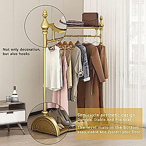 Clothing Rack Gold, Industrial Clothes Rack for hanging Clothes with Double Shelves Freestanding Multi-functional Heavy Duty Garment Rack, Metal Movable Portable Coat Rack for Organizing Clothes Shoes