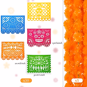 Cindeer 35 Pack Day of The Dead Decoration Mexican Party Banners Include 30 Pack Papel Picado Banner Fiesta Hanging Flags 5 Pcs 5 Feet Marigold Garland Flowers Fiesta Dia De Los Muertos Decor